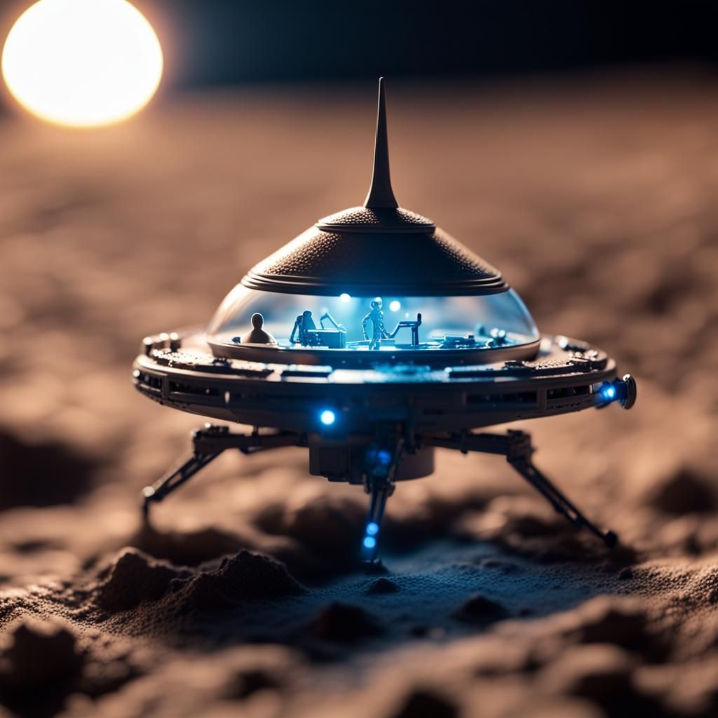 Photograph, Macro, glowing miniature alien spaceship with alien in it ...