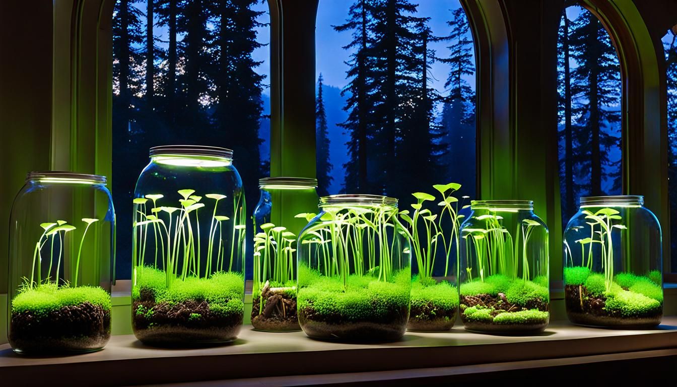 Bioluminescent green moss, small bioluminescent carnivorous plant, logs ...
