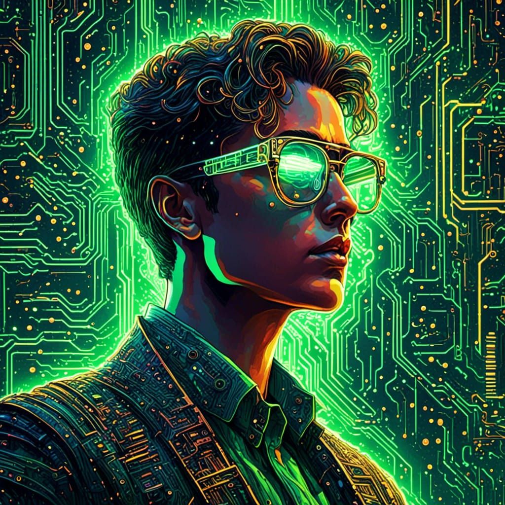 Neon Glasses - Cyberpunk Nerd Stares into Vaporwave Portal