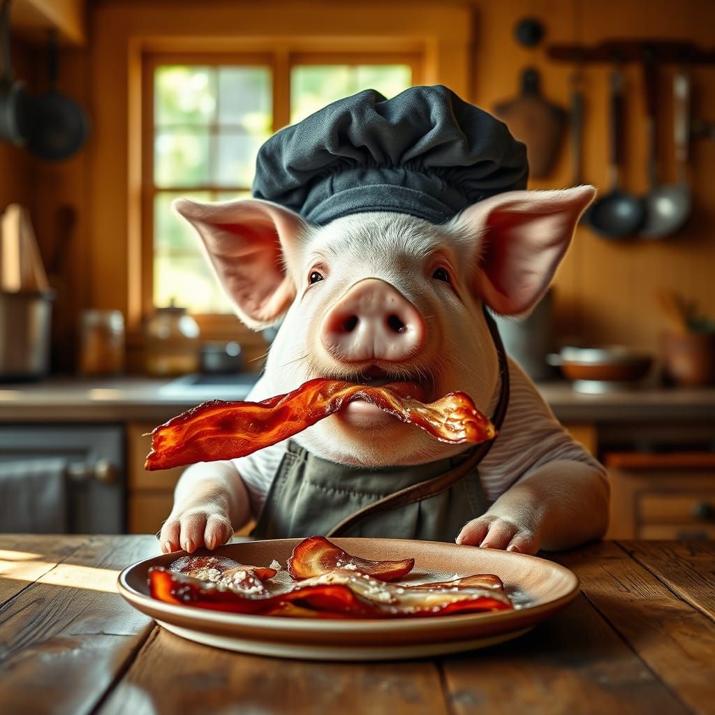 pig eating bacon - Pig Indulges in Crispy Bacon in Cozy Farm...