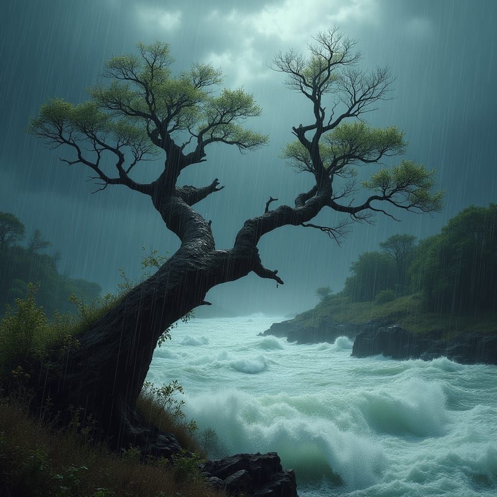 a high quality photo of a storm Tree branch, Bending into the river ...