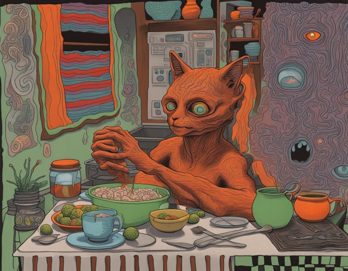 A psychedelic drawing of an alien life form at a kitchen table about to ...