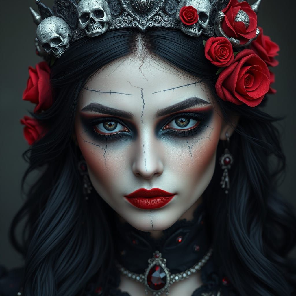Face of a beautiful gothic woman. She is wearing very dark black and ...