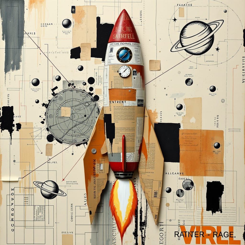 A mixed-media collage of a rocket ship