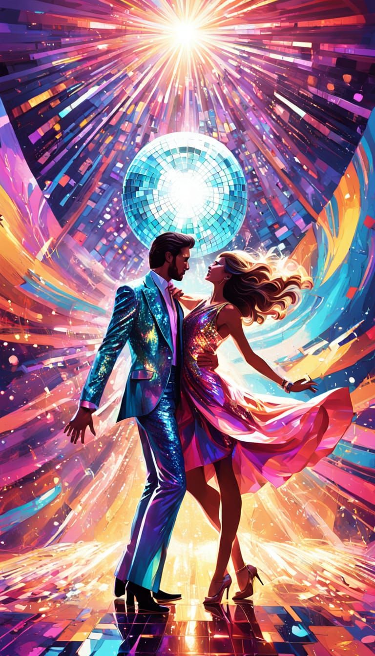 Under the dazzling, multicolored lights of a disco-themed dance floor ...