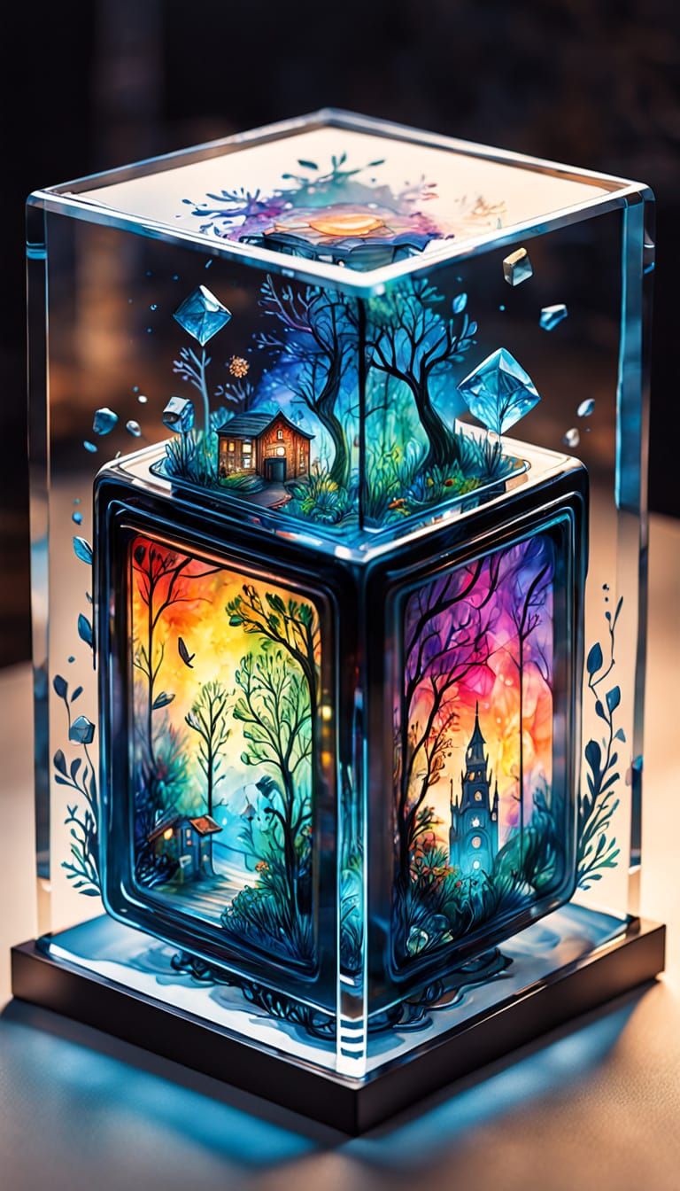 Vibrant Glass Cube Masterpiece with Whimsical Deta... - AI Art
