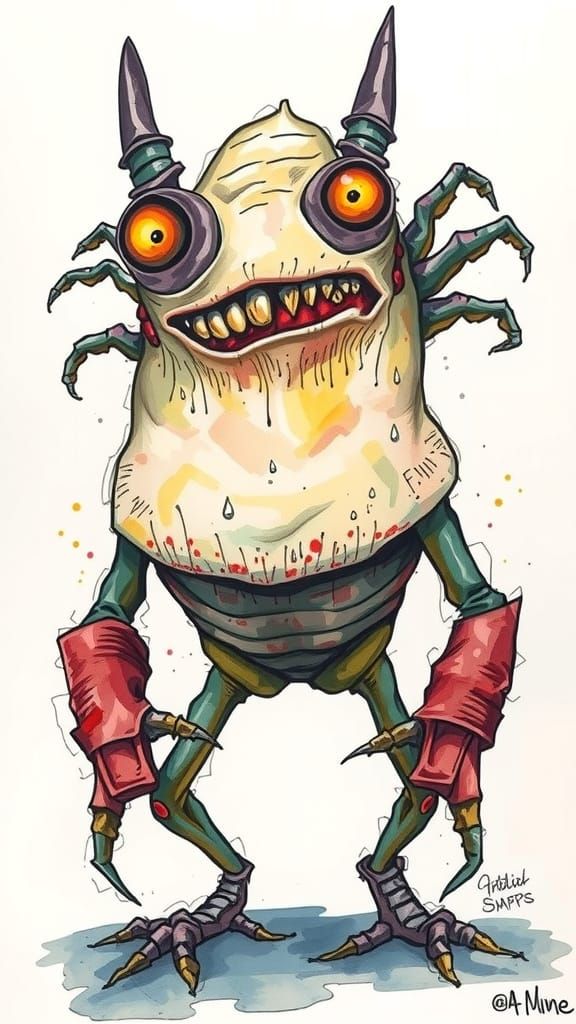 Humorous 90s Horror Creature Caricature in Waterco... - AI Art