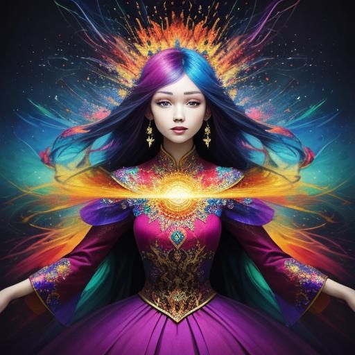 Beautiful woman in the beauty colorful dress, explosion of emotions ...