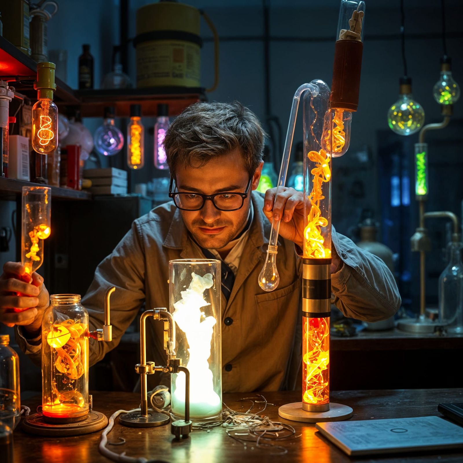 Inventor working in his lab, inventions all over tube's with glowing ...