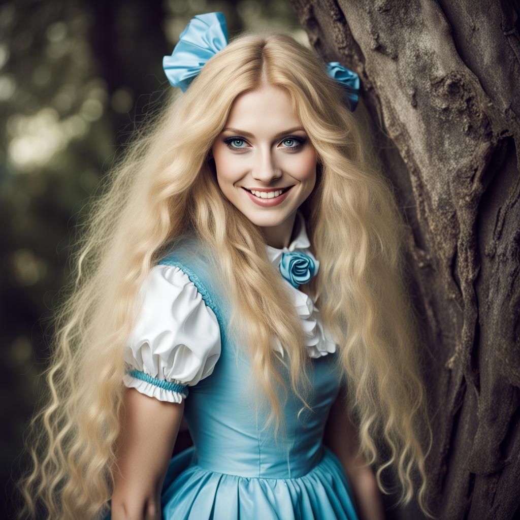 woman with blond long extreme hairs tyle alice in wonderland smiling at ...