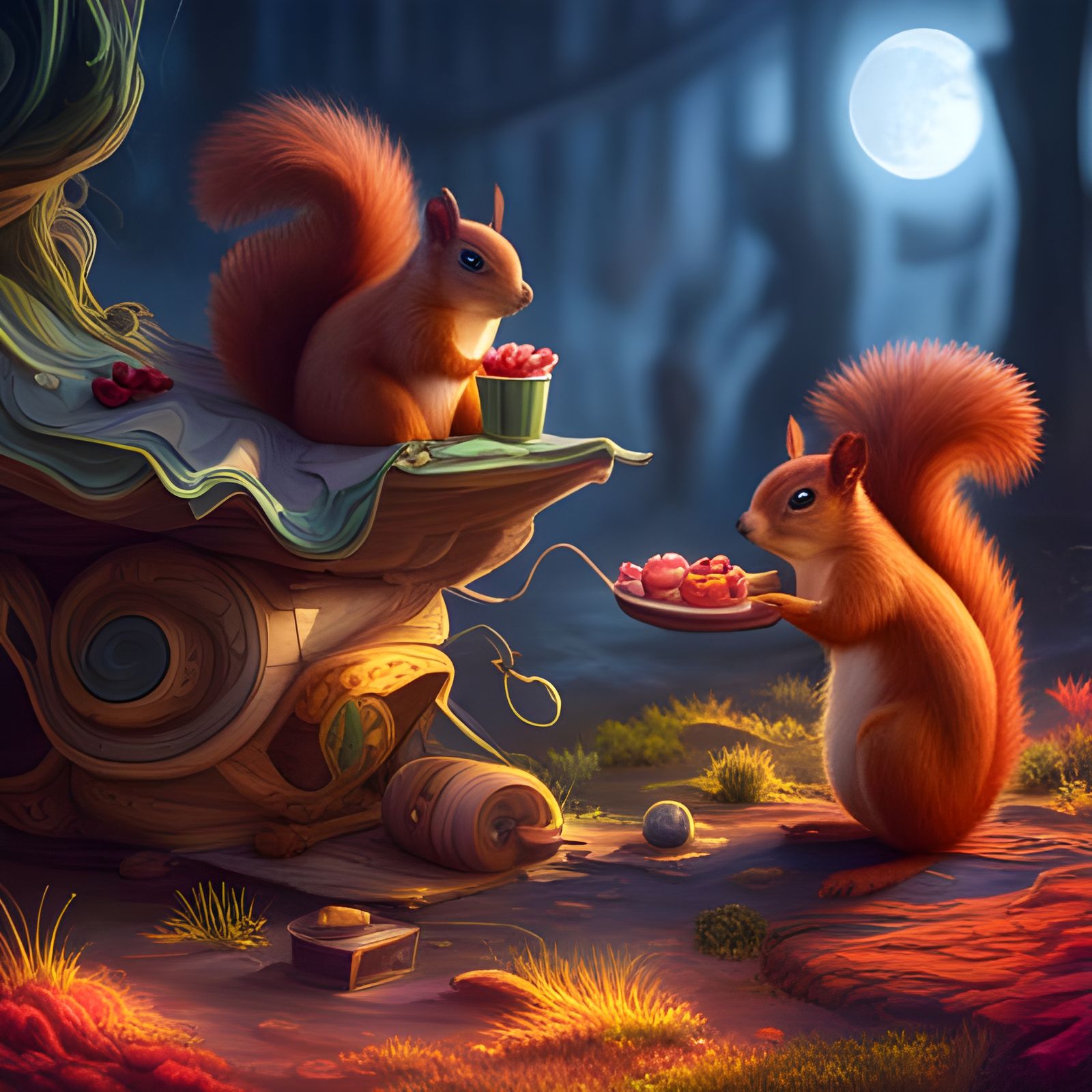 2 squirrels, picnic - AI Generated Artwork - NightCafe Creator