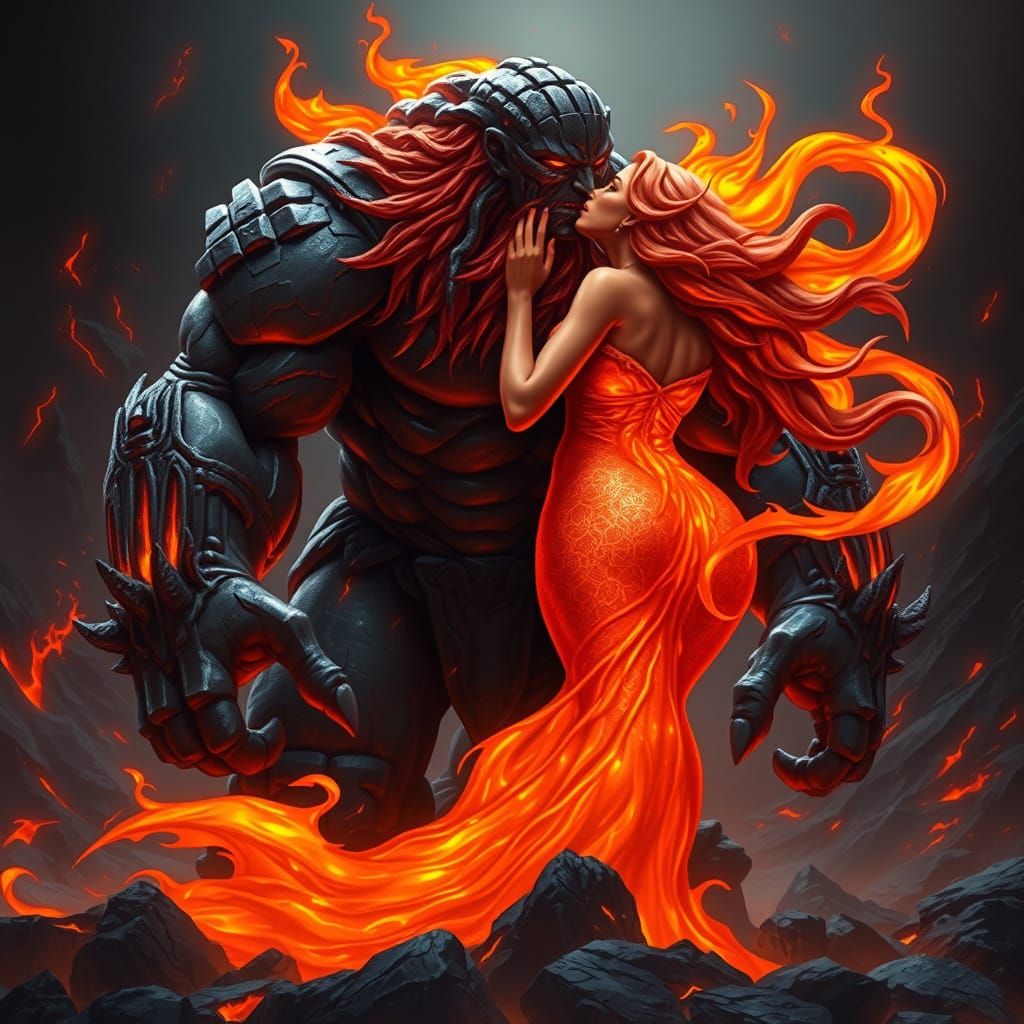 Lava Woman & Rock Man - Sultry Lava Goddess Embracing a Volc...