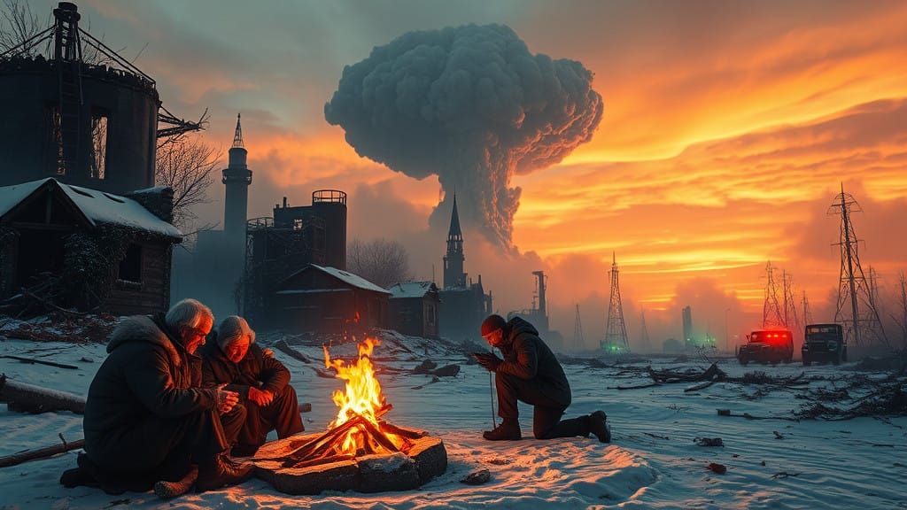 Old people warming their hands close to a primitive bonfire in ...