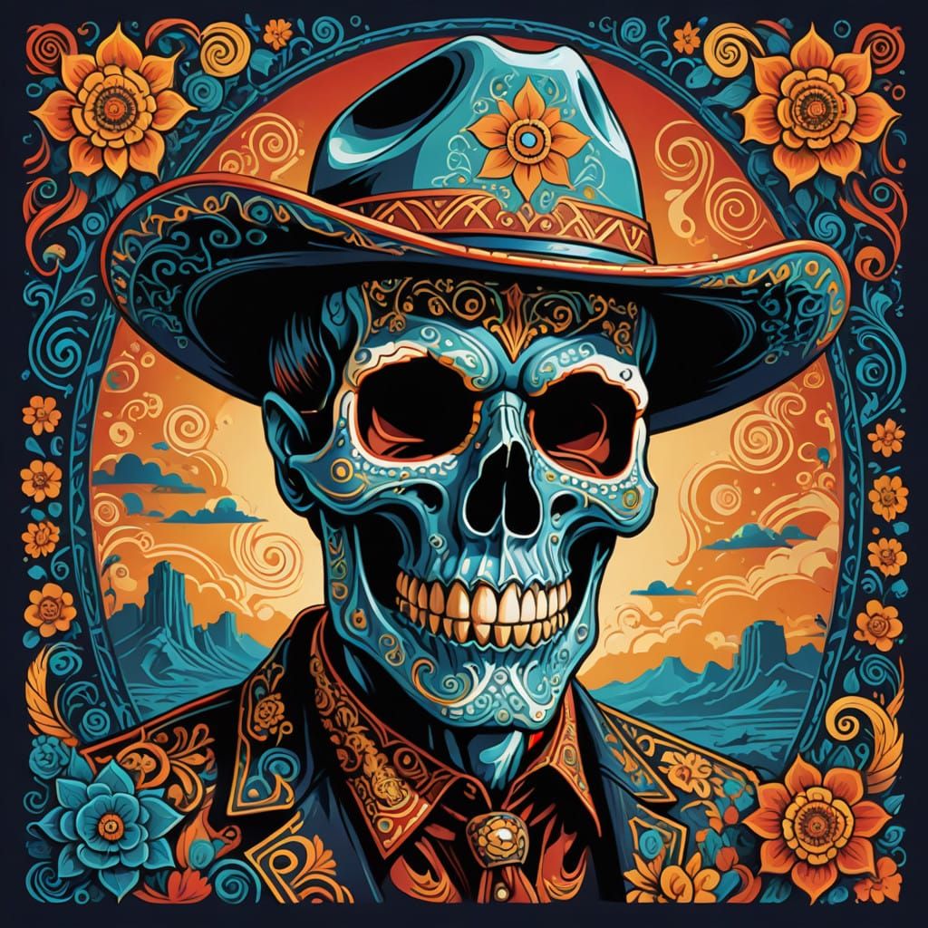 Whimsical Cowboy Skull in Vibrant, Escher-Inspired... - AI Art