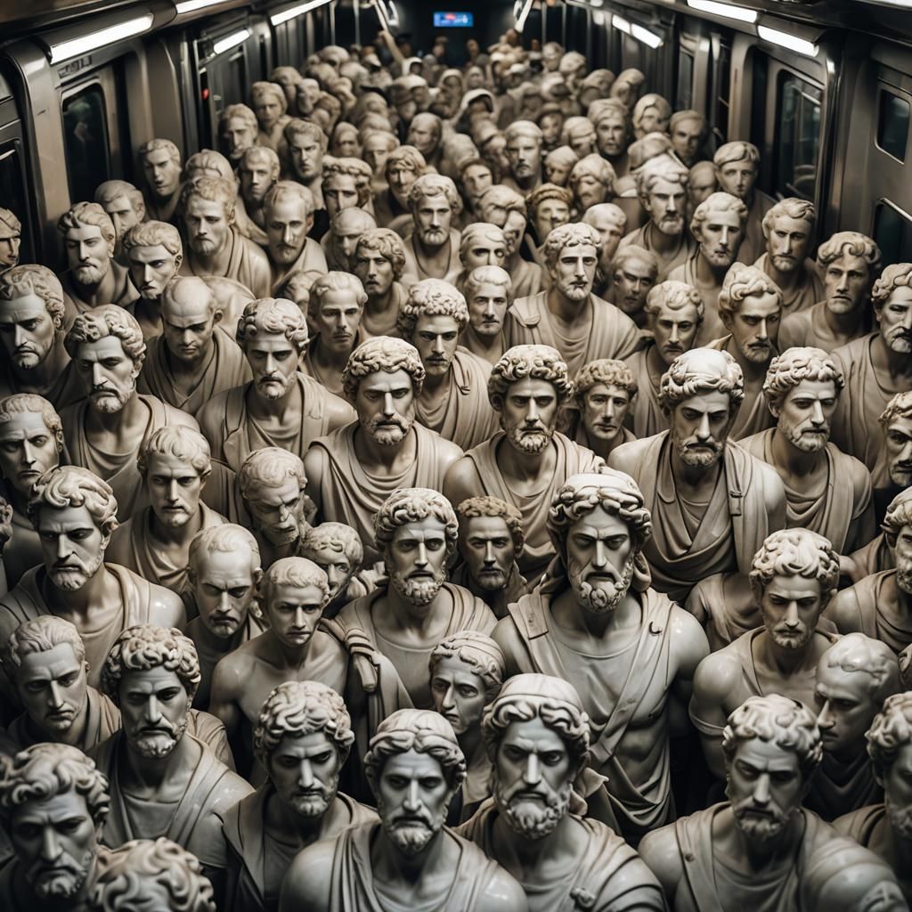 Greek marble statues sitting in a very crowded subway train during rush ...