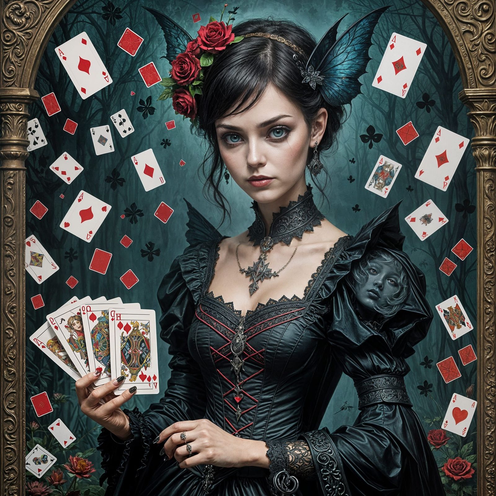 Gothic painting style, pixie holding cards in her hand::faces are shown ...