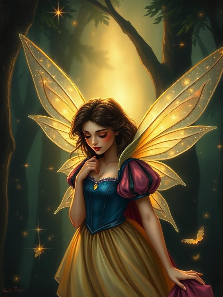 Fairy Snow White Illuminates Dark Forest in Romant... - AI Art