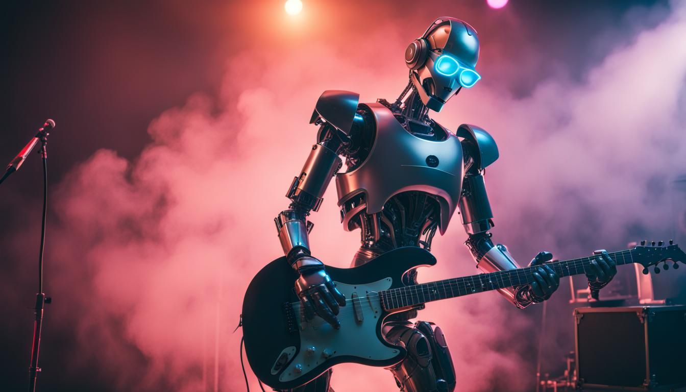 Robot cyborg standing with electric guitar, stage mood lighting ...