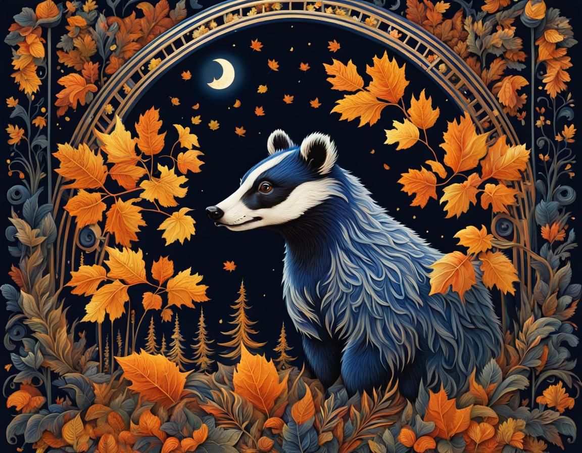a magical badger in an autumn forest, moonlit night, autumn trees and ...