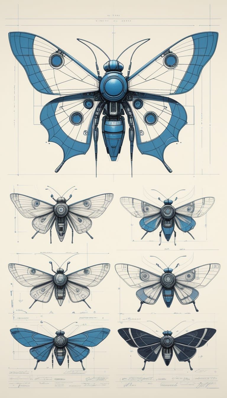 Robotic Moth Blueprints in Futuristic Minimalist S... - AI Art