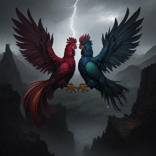 Two realistic roosters leaping at one another to engage in epic battle ...