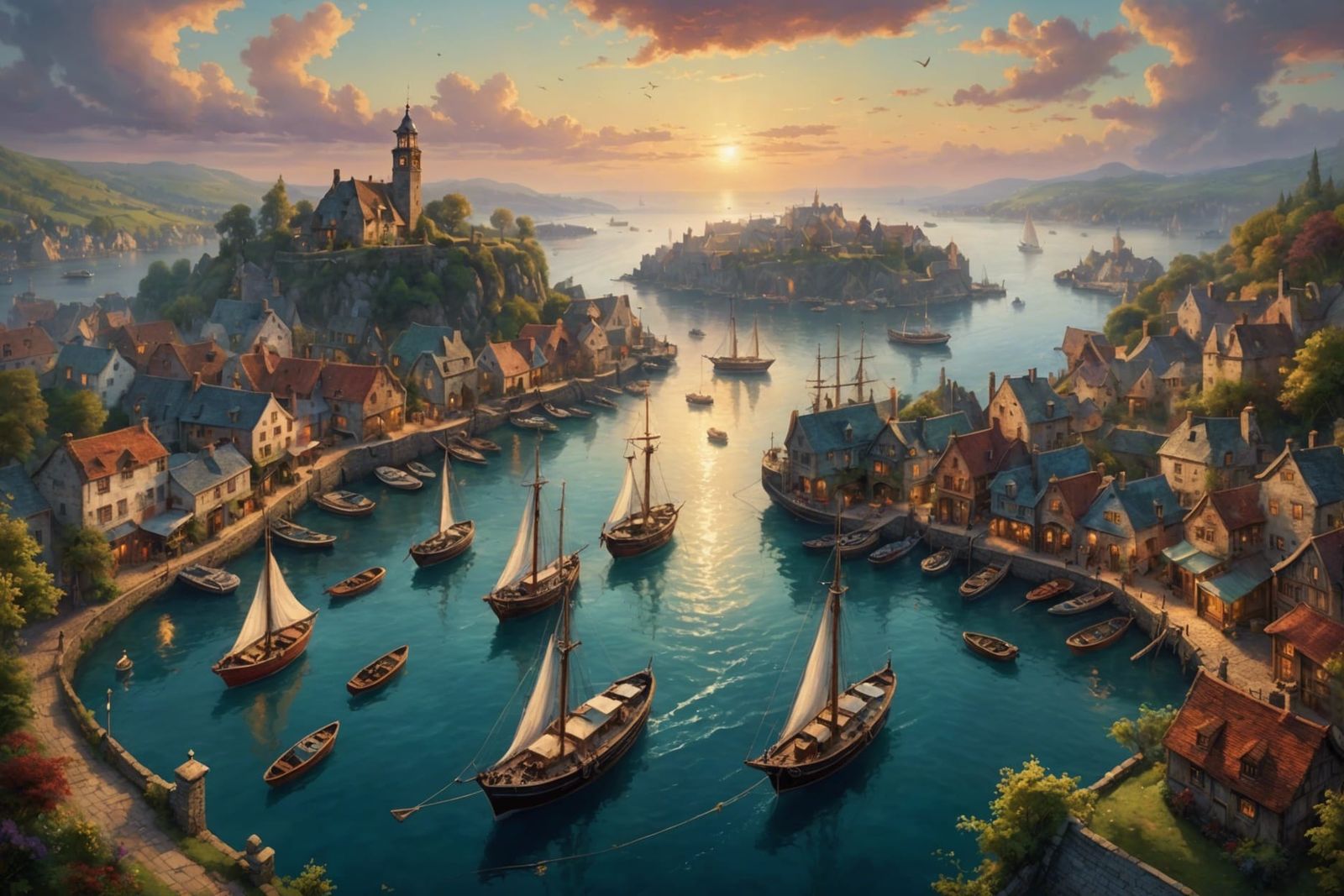 Drone view of a fantasy harbour full of boats. Beautiful landscape ...