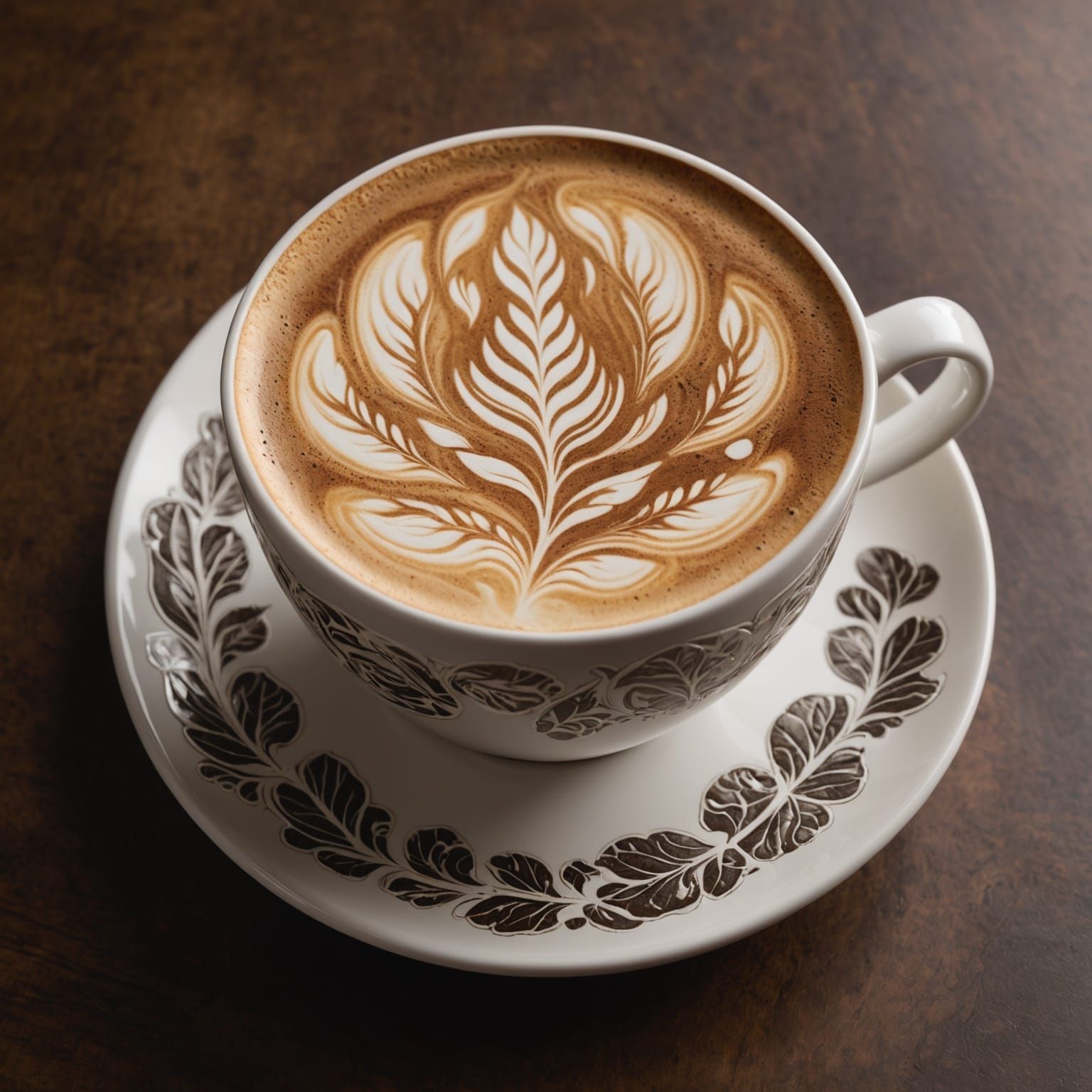 A delicate rosetta blooms atop the latte's surface, its intricate ...