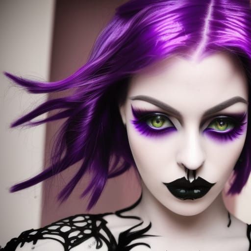 Perfect vertical view of ethereal Gothic Young lady with vibrant purple ...