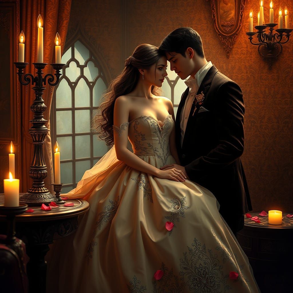 Romantic Fantasy Couple in Golden Candlelight - AI Art