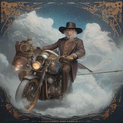 Wizard Riding Celestial Motorcycle in Impasto Styl... - AI Art
