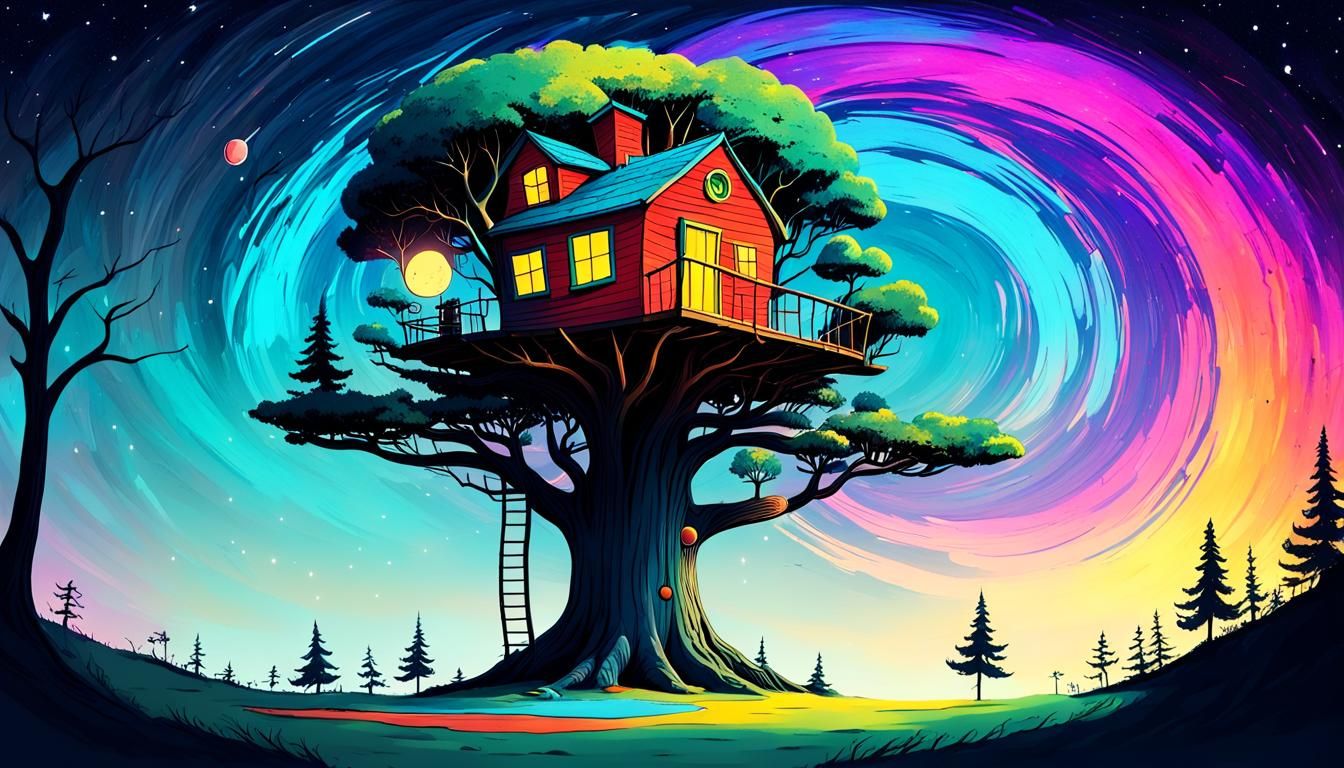 Distorted Unbalanced Reality, treehouse, cosmic night, colorful ...