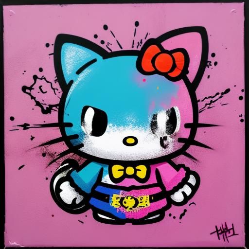 Tough hard gangster hello kitty graffiti art, splash art, street art, spray paint, oil gouache ...
