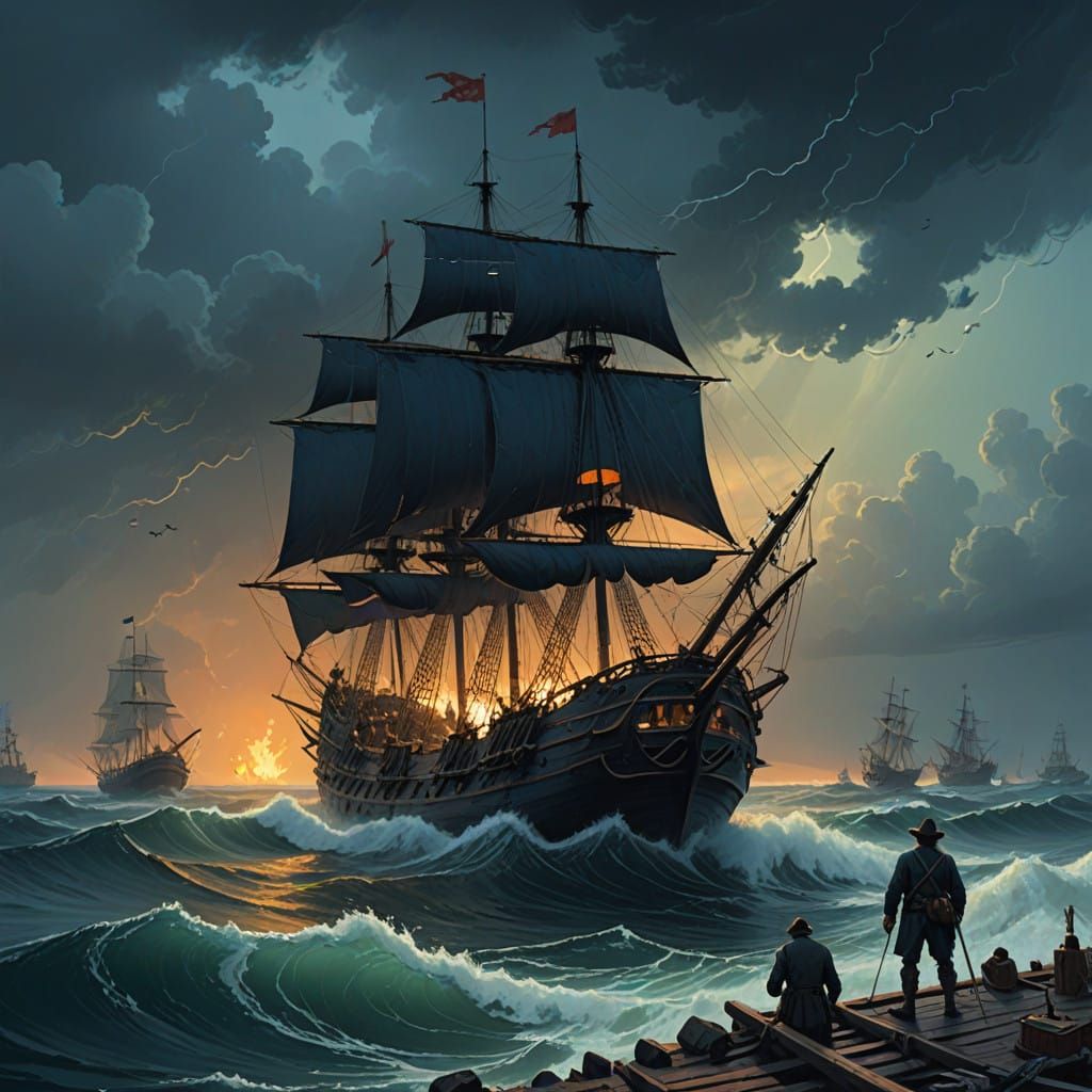 A heavily damaged pirate sailing ship is sinking. The crew is ...