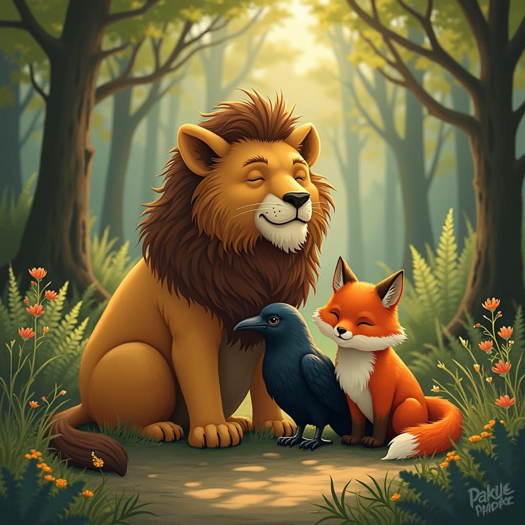 Lion, Fox, and Crow Unite in Forest Harmony - AI Art
