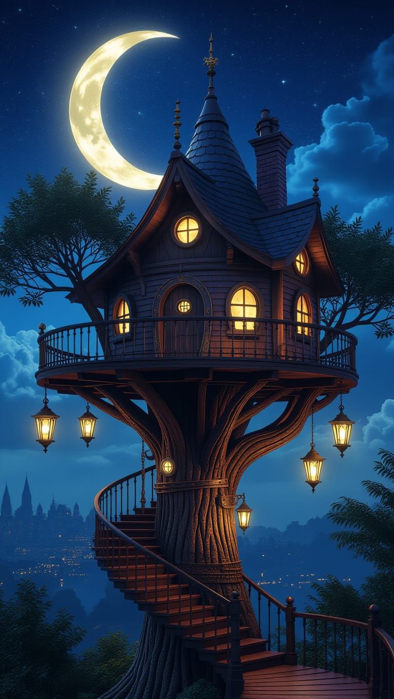 Treehouse - Epic Steampunk Treehouse Under Crescent Moon