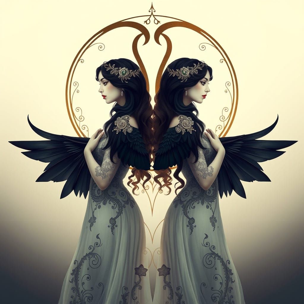 Ethereal Twin Sisters in Art Nouveau Style with Ra... - AI Art