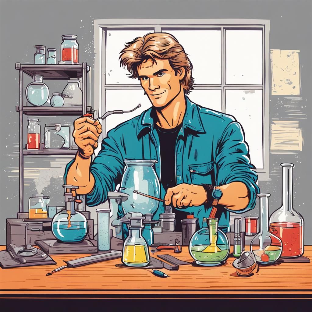 Friendly looking Macgyver is doing science experiment, 80s style ...