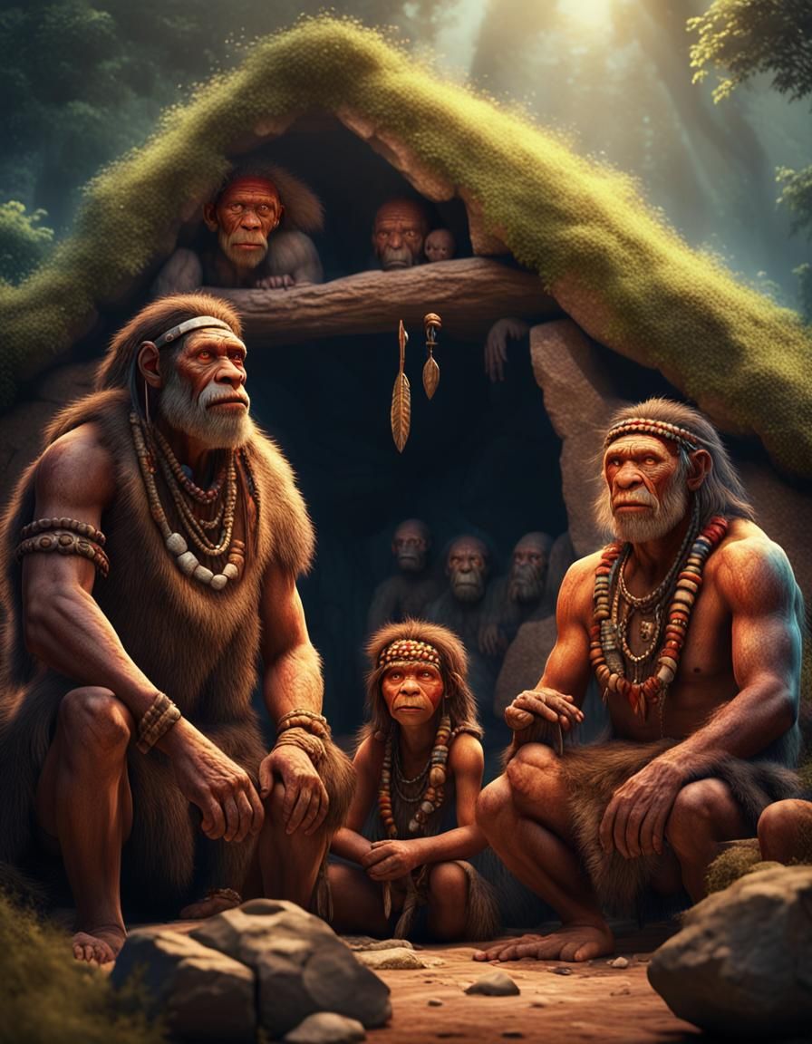 Neanderthal family living in a prehistoric village - AI Generated ...