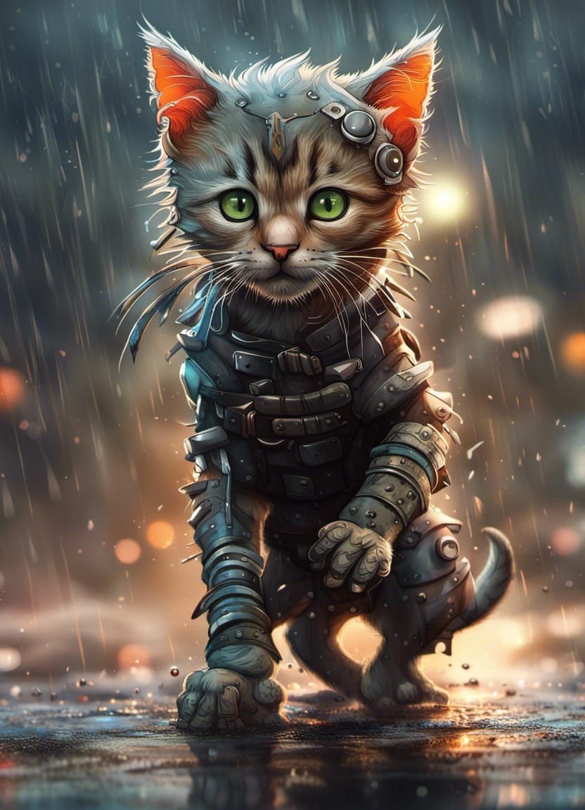 Post-apocalyptic battle kitten with rippled muscles in the rain ...