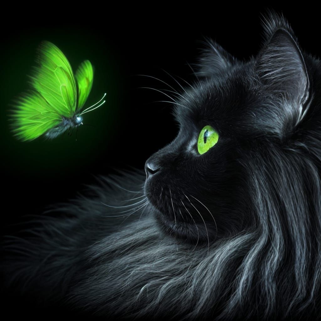 Neon Green - Mystical Black Cat with Glowing Green Butterfl...