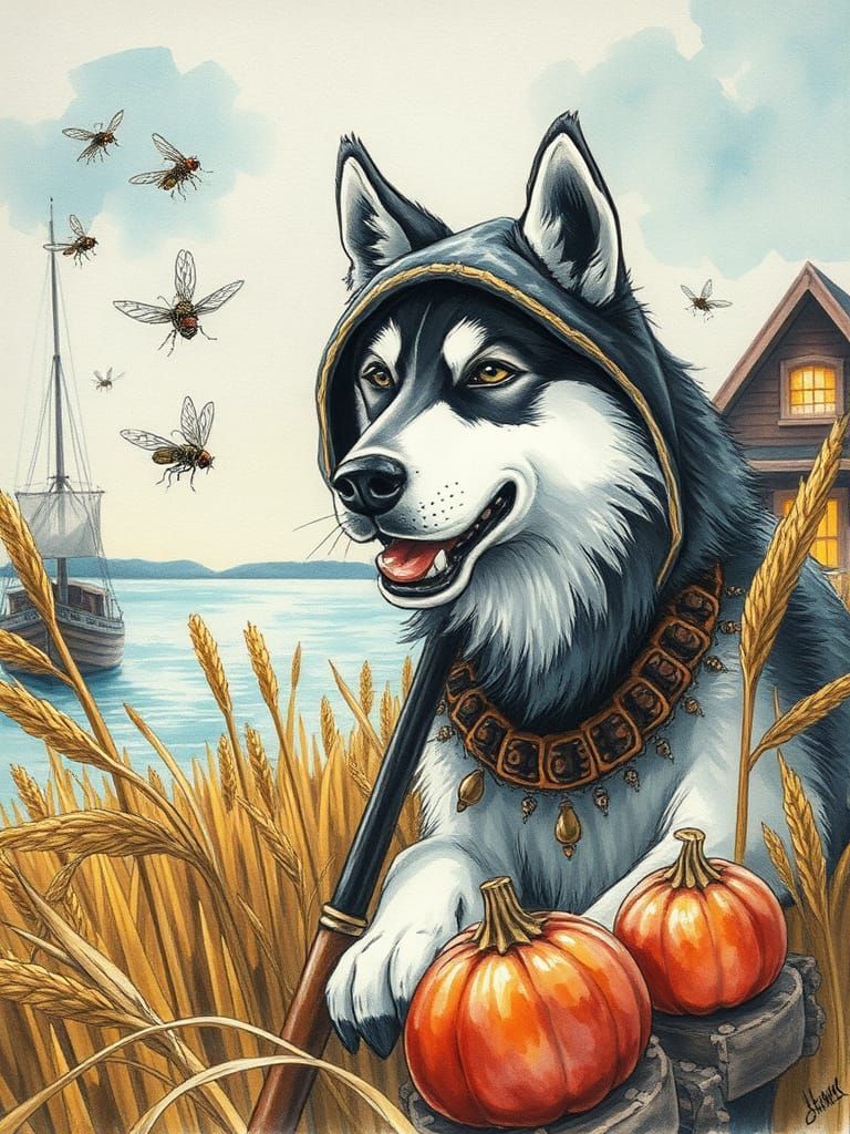 Mysterious Husky Hunter in a Whimsical Harvest Sce... - AI Art