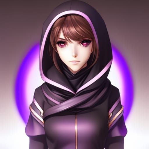 anime gamer girl with beautiful detailed black and purple hoodie with ...