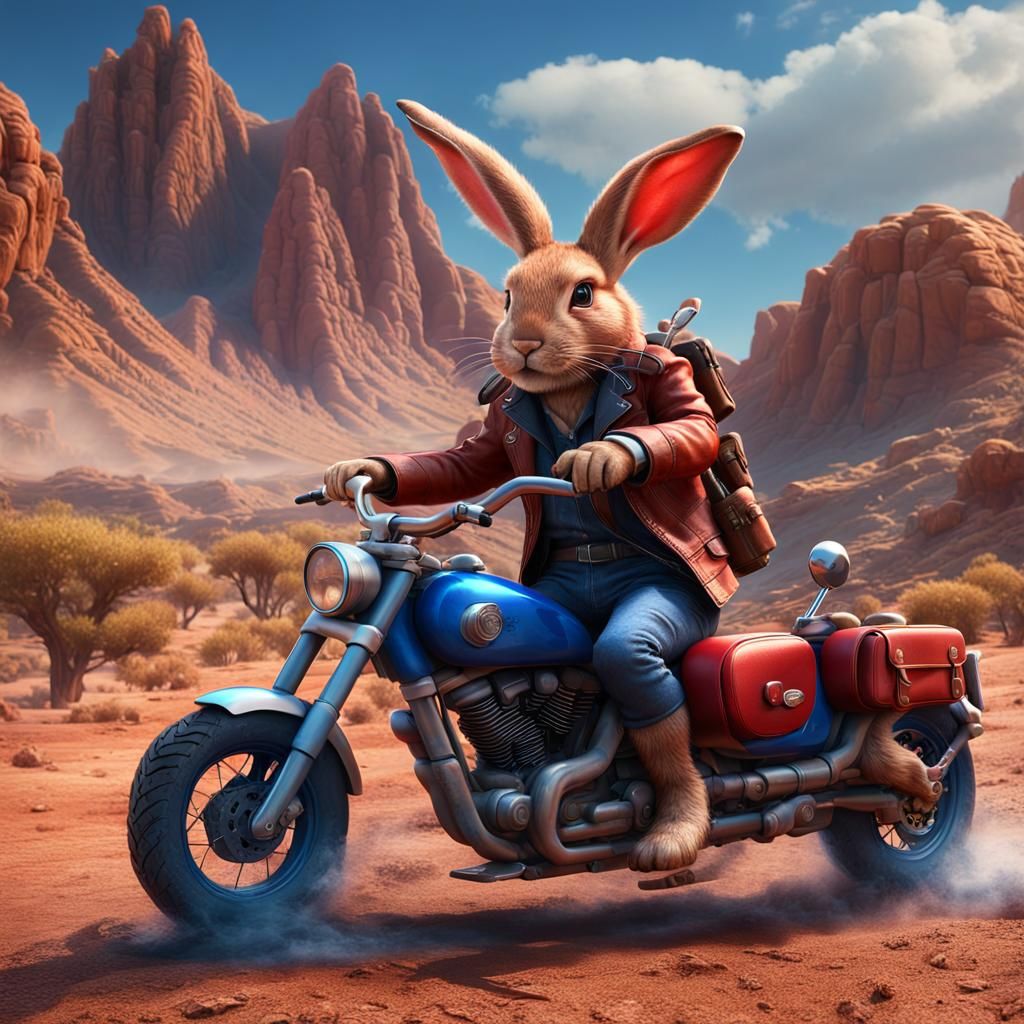 A photo-realistic style image of a red rabbit riding a blue off-road ...