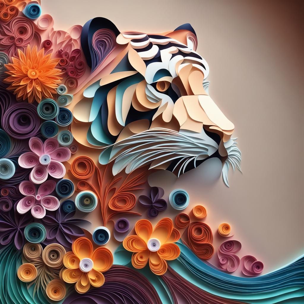 Tiger made up of paper quilling collage and jewel tones and soft light ...