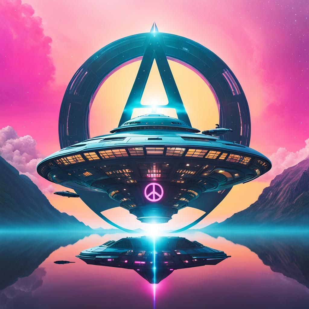 Double exposure of alien lofi scifi spacecraft and peace sign - AI ...