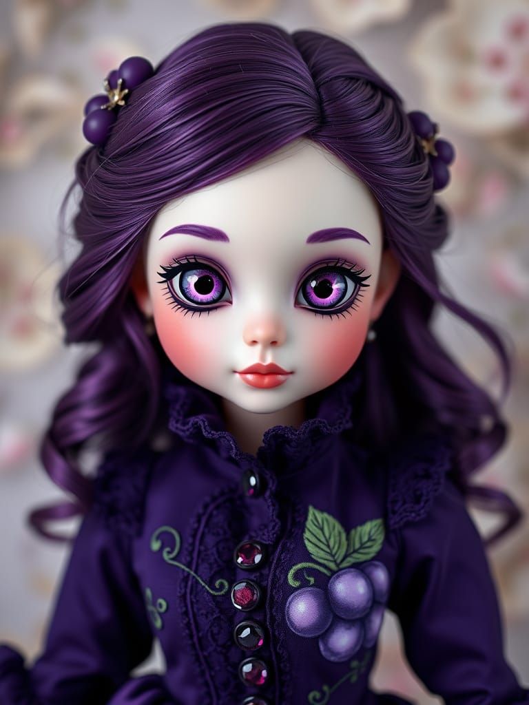 in the style dolls, imagine a purple grape-themed doll she is beautiful ...
