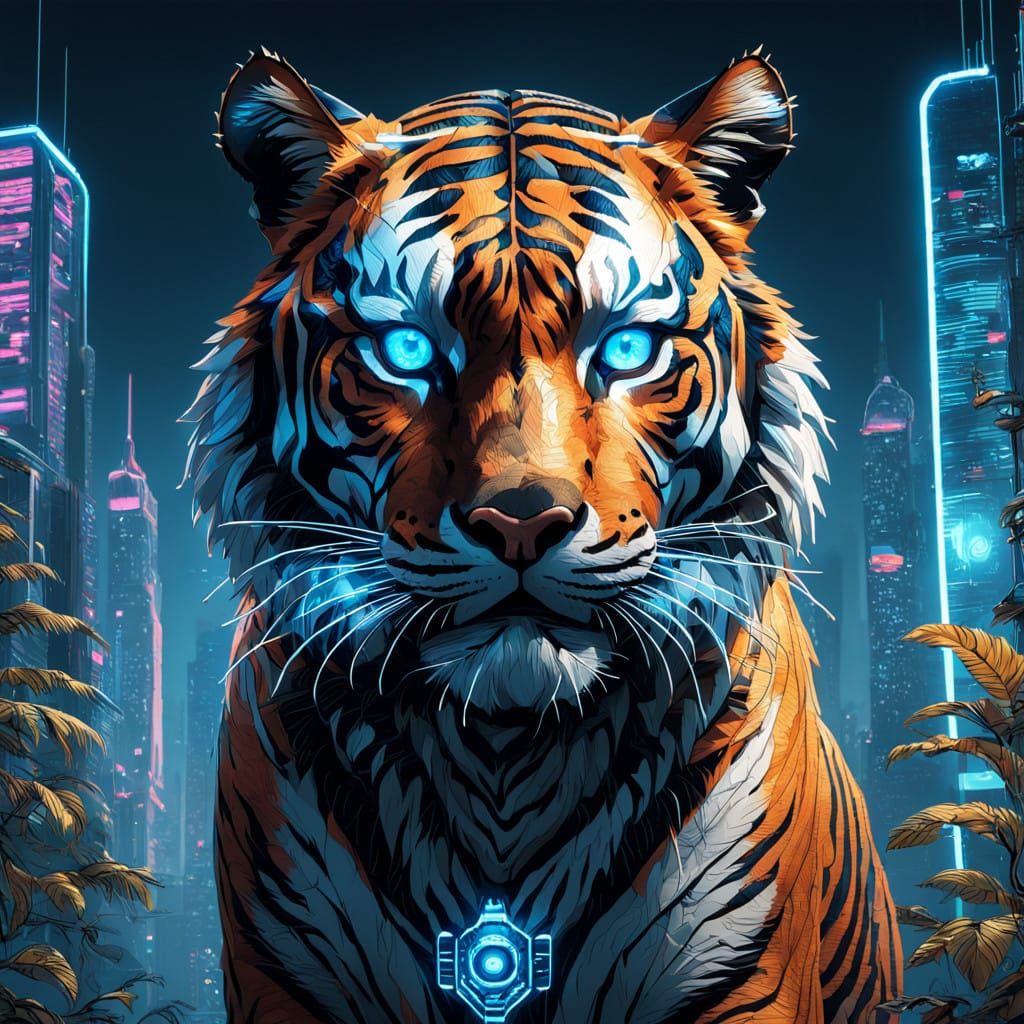Tiger in cyberpunk city - Cyberpunk Tiger in Neon Cityscape