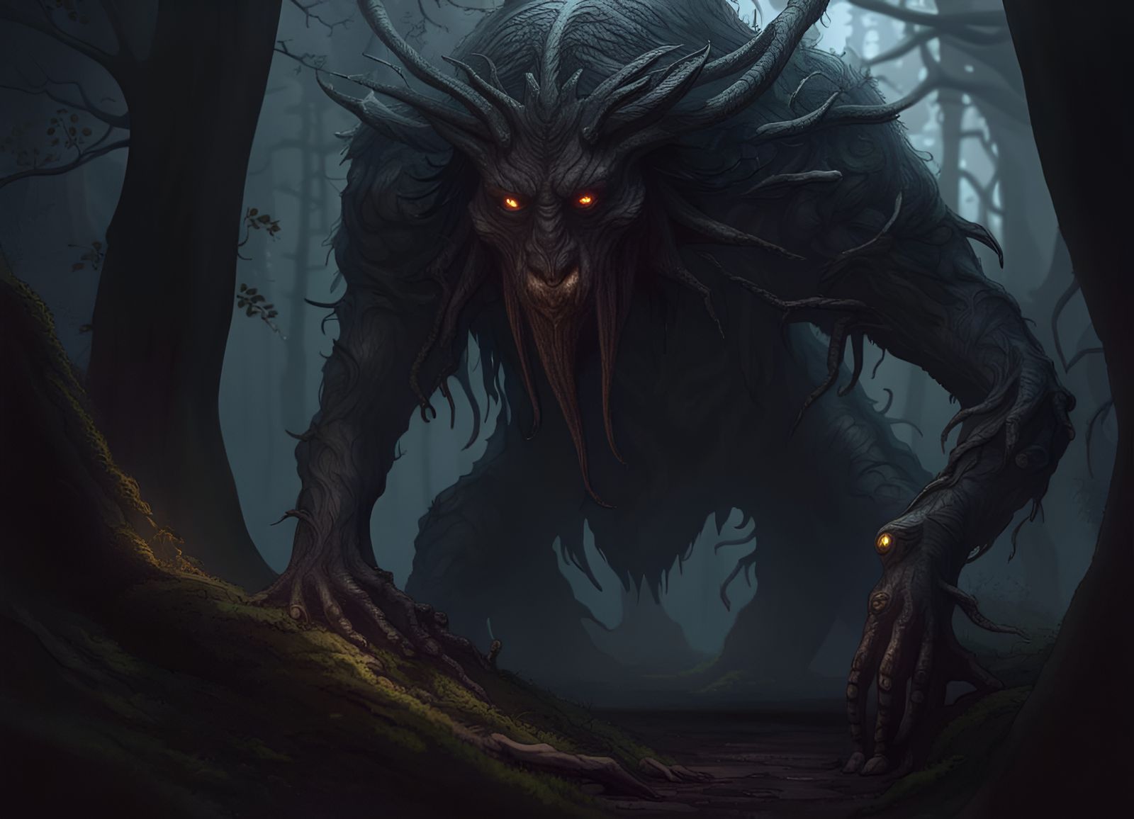 Scary creature staring and lurking from dark woods - AI Generated ...