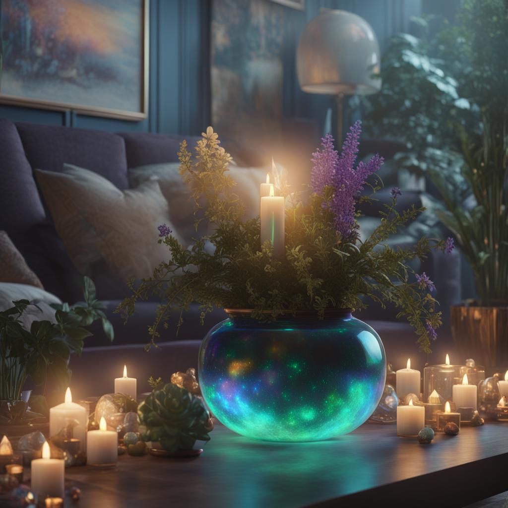 Opal living room with lots of crystals and candles and lots of ...