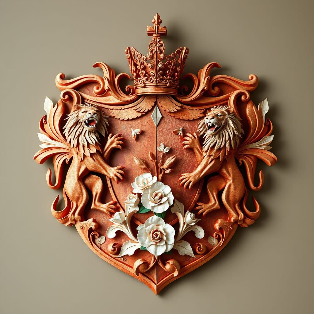 Rusty Heraldic Shield with Regal Lions and Delicat... - AI Art